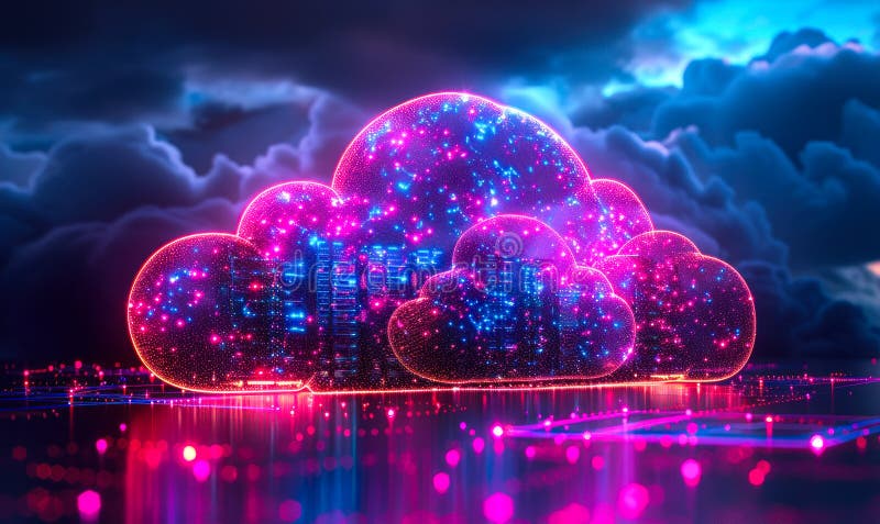 Futuristic Neon Cloud Computing Concept with Glowing, Cybernetic Server Racks within a Cloud ...