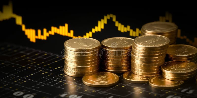 Group of Golden Dollar USD Coins Placed on Graph Chart with Digits and ...