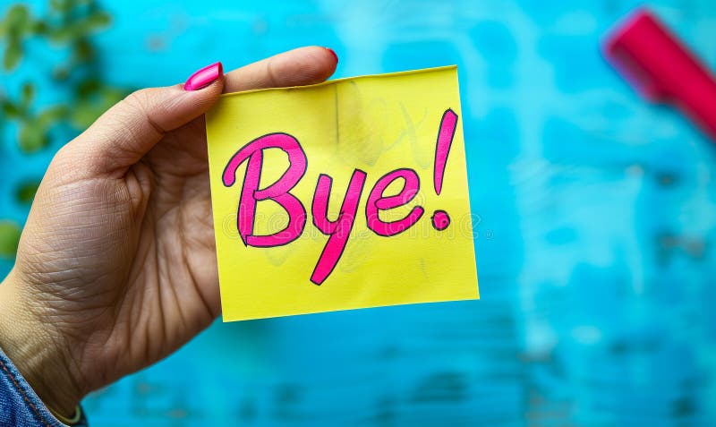 Handwritten Bye! Farewell Message on a Yellow Sticky Note with Pink ...