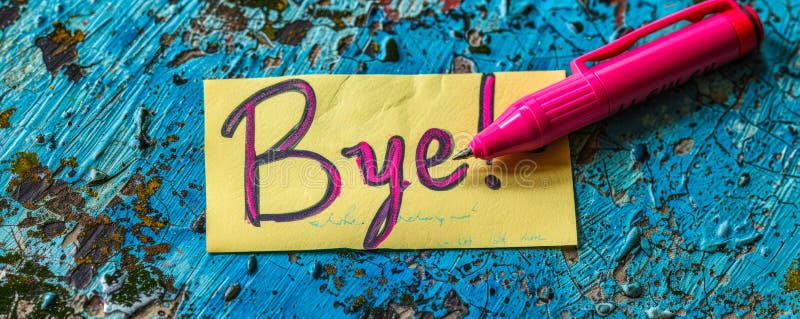 Handwritten Bye! Farewell Message on a Yellow Sticky Note with Pink ...