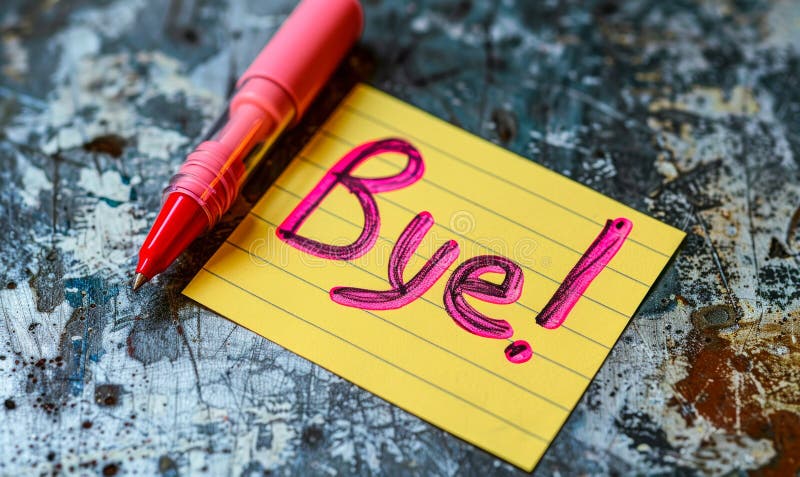 Handwritten Bye! Farewell Message on a Yellow Sticky Note with Pink ...