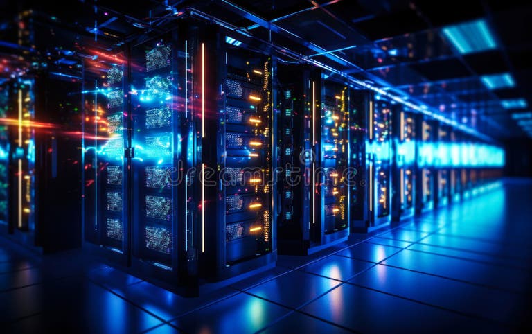 High-Tech Data Center Server Racks with Glowing LED Lights, Symbolizing ...