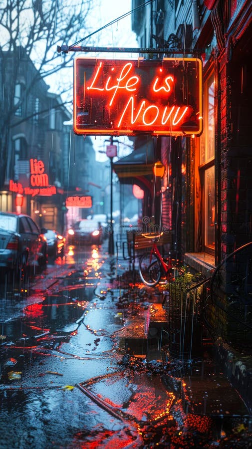 Illuminated Neon Sign in a Rainy Cityscape Boldly Declaring Life is Now ...