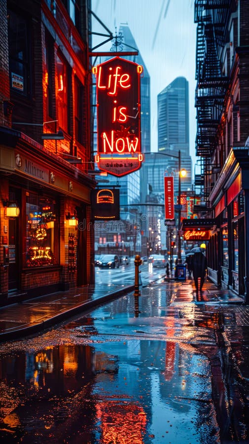 Illuminated Neon Sign in a Rainy Cityscape Boldly Declaring Life is Now ...