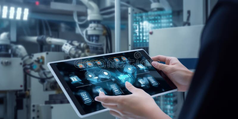 Innovative Industrial Control Idea. Tablet Being Held in Hands Against ...