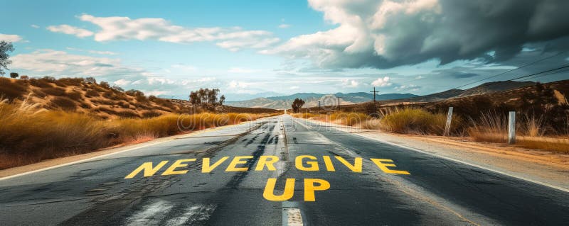 Inspirational Message NEVER GIVE UP Painted on a Desolate Road ...