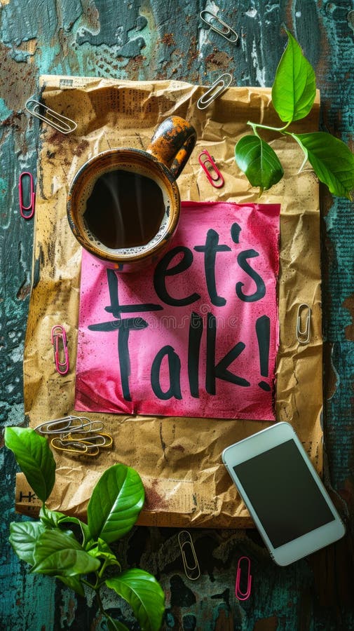 Inviting Workplace Concept with Lets Talk! Message on Pink Sticky Note ...