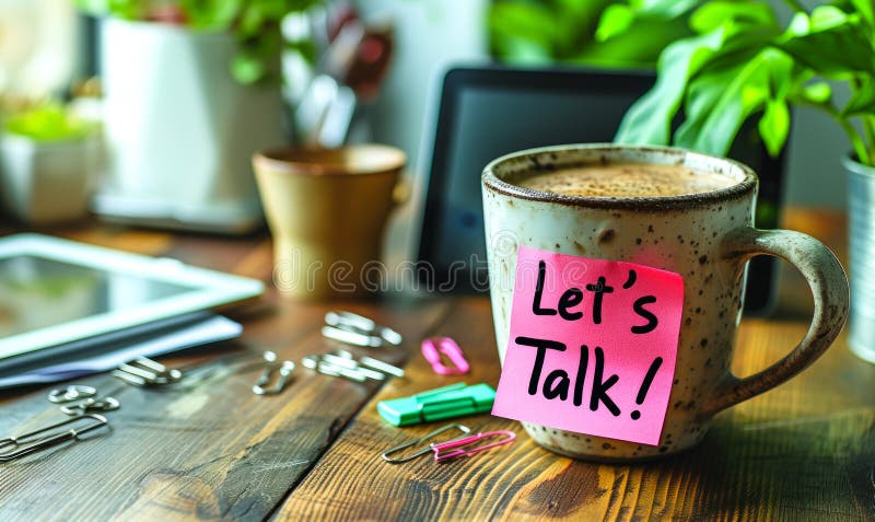 Inviting Workplace Concept with Lets Talk! Message on Pink Sticky Note ...