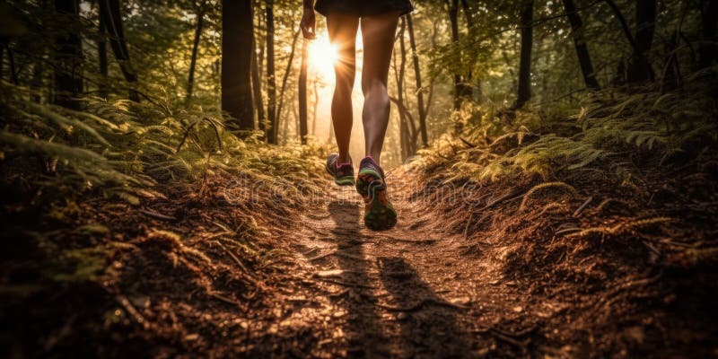 Lady Trail Runner on Forest Path with Close Up of Legs. Generative AI ...