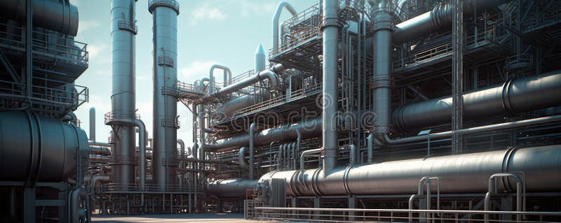 Large Refinery Complex with Metal Shiny Pipelines at Daylight ...