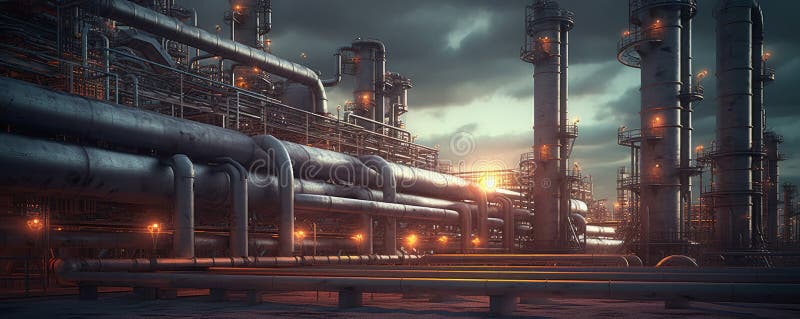 Large Refinery Complex with Pipelines at Dawn. Generative AI Stock ...