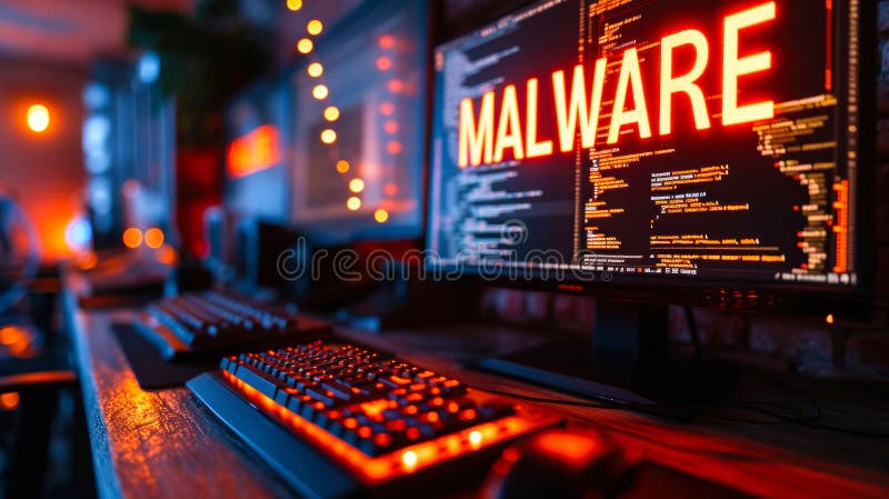 MALWARE Large Red Alert Text on Computer Screen in Bright Office Stock ... MALWARE Large Red Alert Text on Computer Screen in Bright Office Stock ...