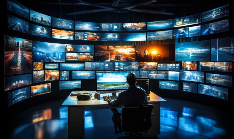 Media Broadcast Control Room with Multiple Screens Displaying Various ...