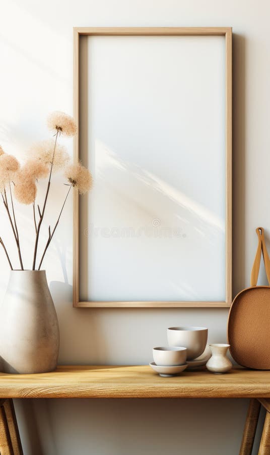 Modern 3D Rendering Poster Frame Mock-Up on a Decorated Shelf Stock ...