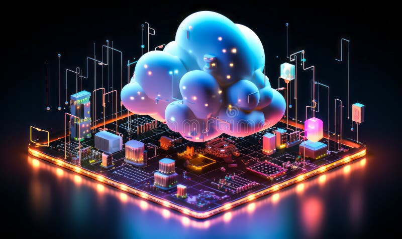 Neon Glowing Cloud Computing Concept with Cloud Icon and Technology ...