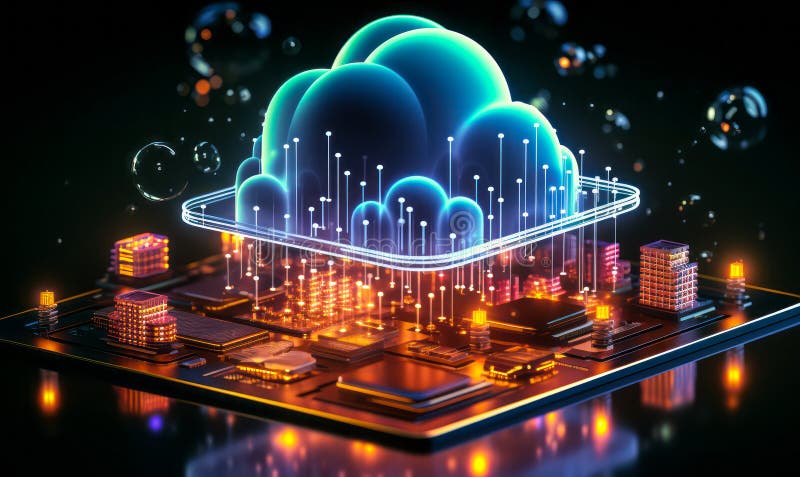 Neon Glowing Cloud Computing Concept with Cloud Icon and Technology ...