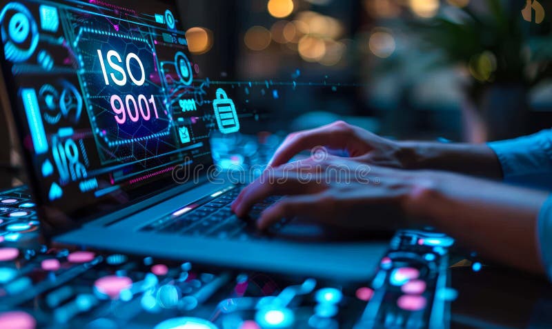 Person Using Laptop with Holographic Display Showing Icons Representing ...