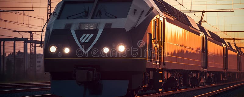 Power Efficient Locomotive at Front View in the Railway at Sunset Light ...