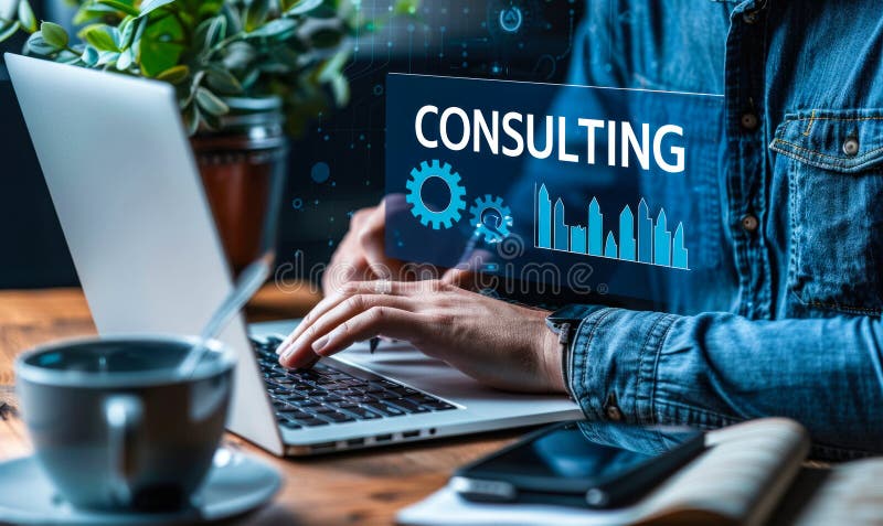 Professional Consulting Services Concept with Virtual Interface - Businessman Using Laptop To ...