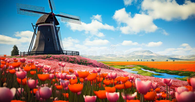 Rustic Windmill in a Colorful Flower Field Stock Illustration ...
