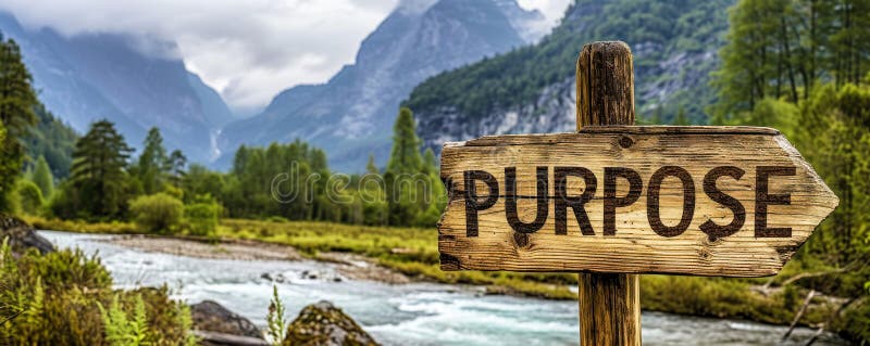 Rustic Wooden Signpost with the Word PURPOSE Pointing Forward Against a ...
