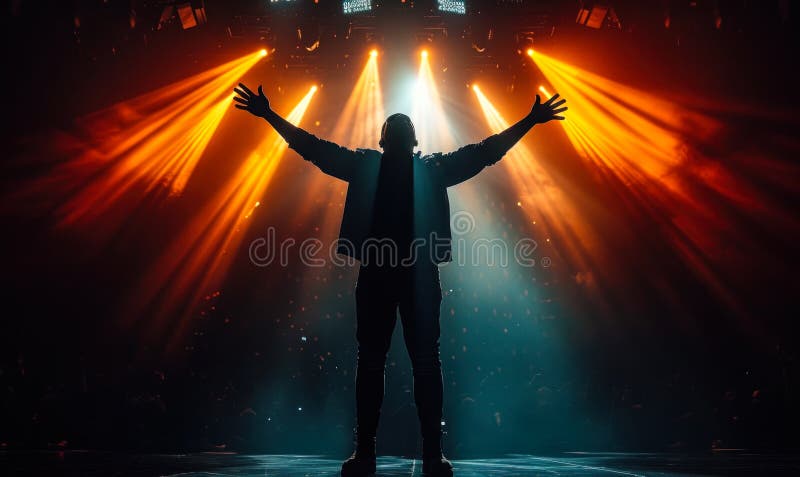 Silhouette of a Man with Arms Raised in Triumph Under Spotlight with ...