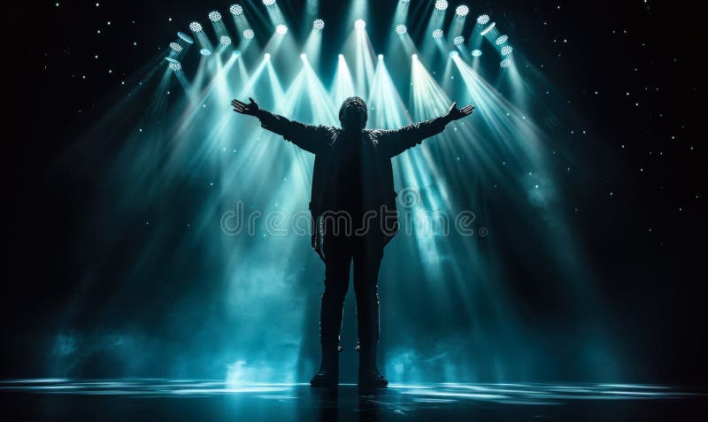 Silhouette of a Man with Arms Raised in Triumph Under Spotlight with ...