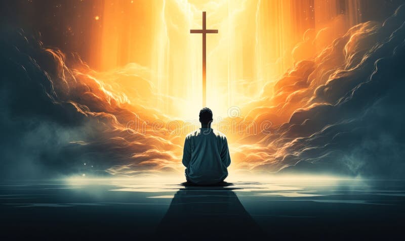 Silhouette of a Man Kneeling in Prayer before a Glowing Cross ...