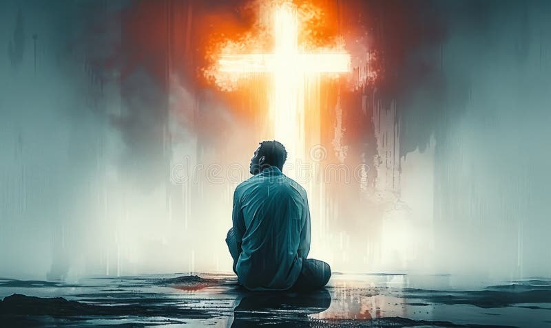 Silhouette of a Man Kneeling in Prayer before a Glowing Cross ...