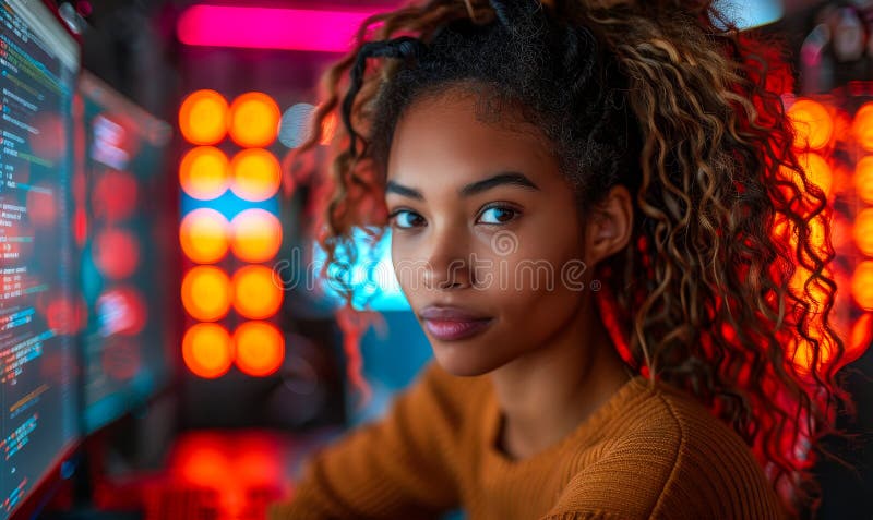 Skilled Black Coder in Vibrant Office Monitor View of Dedicated Dev ...