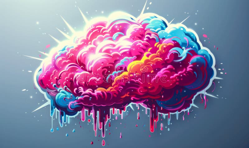 Stylized Brain Shaped Cloud with Sunburst and Dripping Paint ...