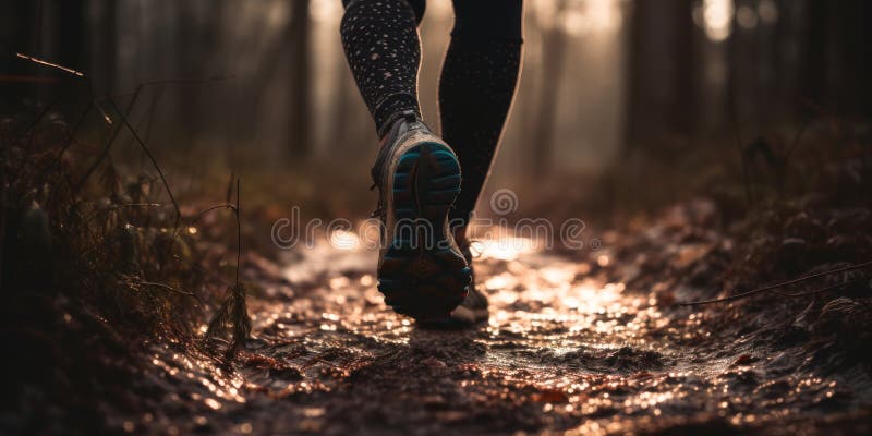 Trail Runner Running on Forest Path at Dawn with Abstract Bokeh Light ...
