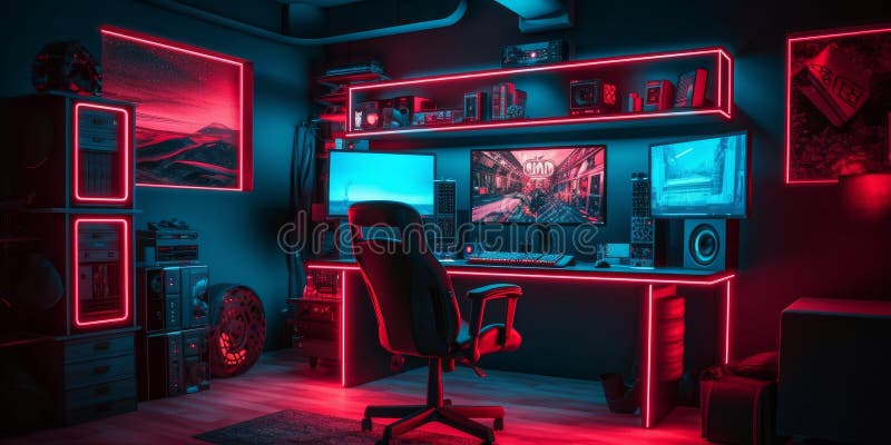 Ultimate Gaming Room with Hardware Setup and Equipment Colored in Red ...