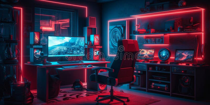 Ultimate Gaming Room with Hardware Setup and Equipment Colored in Red ...