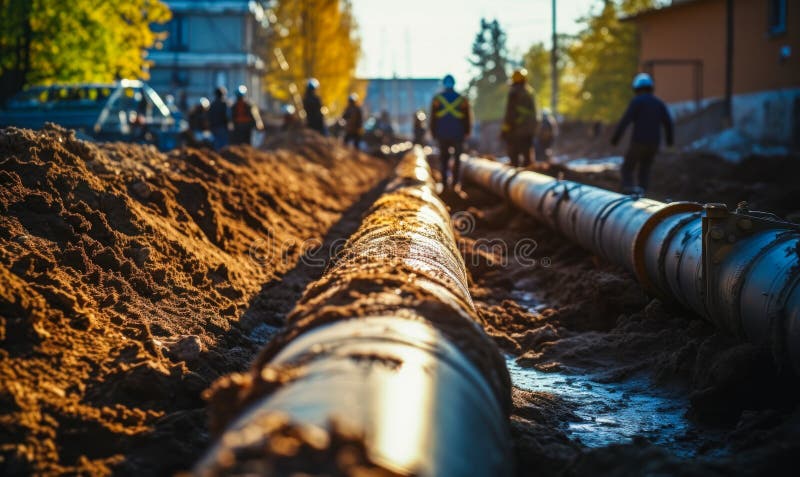 Underground Water Pipeline Installation in Trench, Infrastructure ...