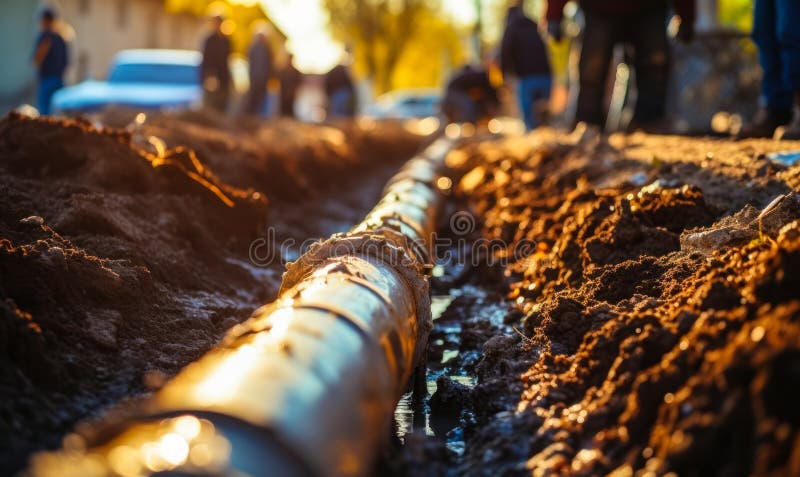 Underground Water Pipeline Installation in Trench, Infrastructure ...