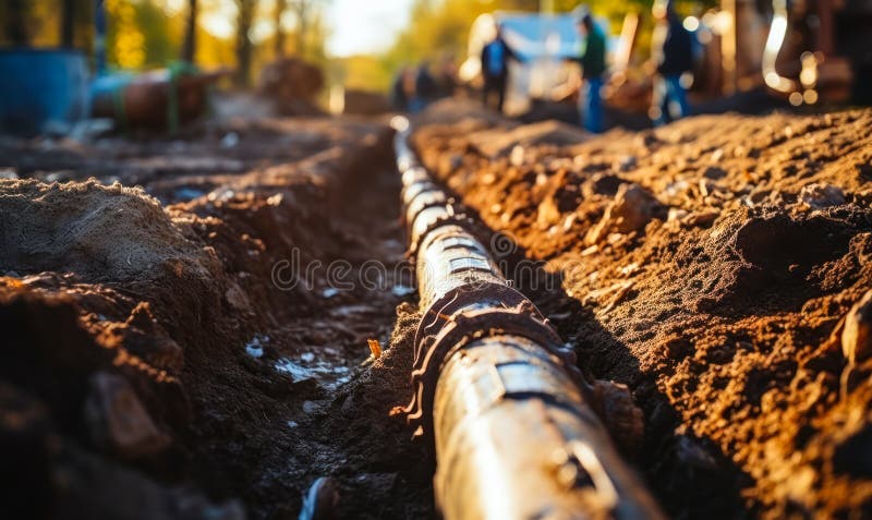Underground Water Pipeline Installation in Trench, Infrastructure ...
