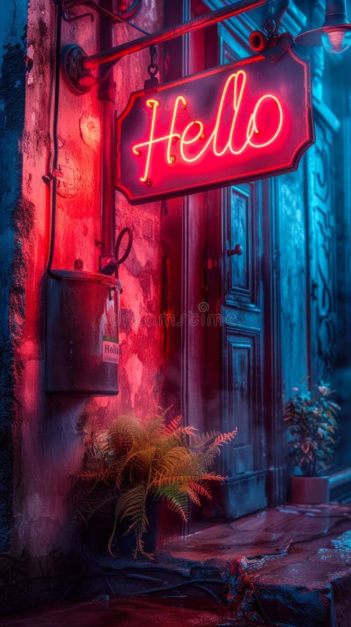 Warm Neon Hello Sign Glowing in Cursive Red Light Against a Rustic ...