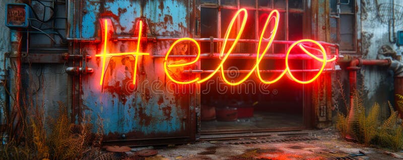Warm Neon Hello Sign Glowing in Cursive Red Light Against a Rustic ...