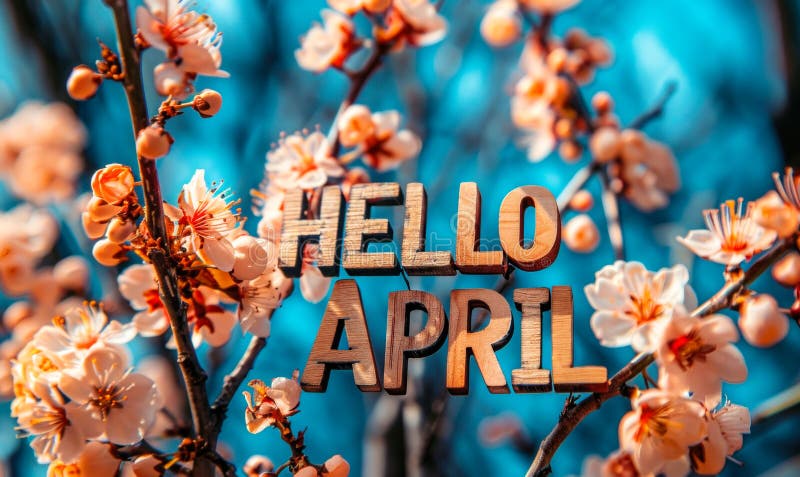 Welcome Spring Concept with HELLO APRIL Text Overlay on Blooming Cherry ...