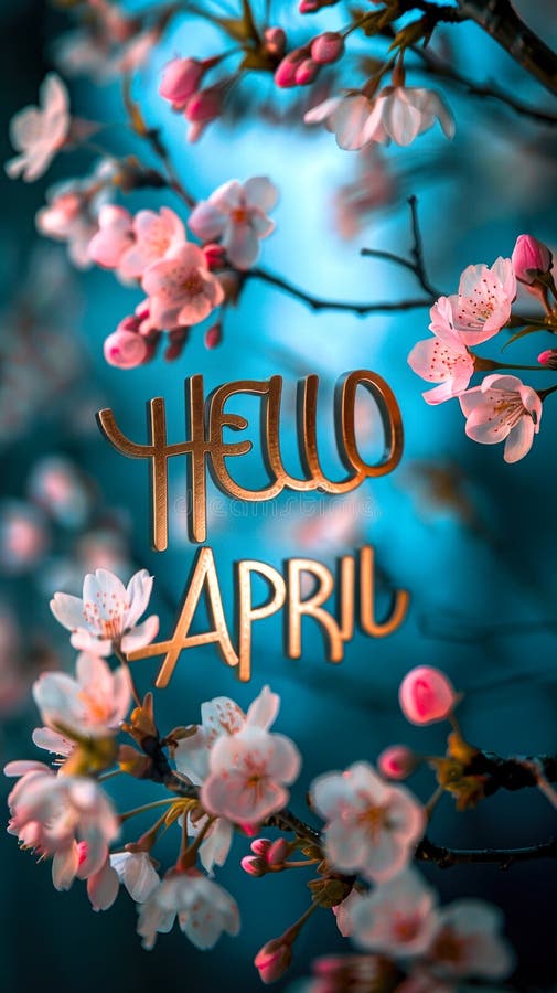 Welcome Spring Concept with HELLO APRIL Text Overlay on Blooming Cherry ...