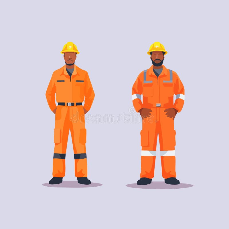 Two Workers in Orange Safety Uniforms with Hard Hats Stock Illustration ...