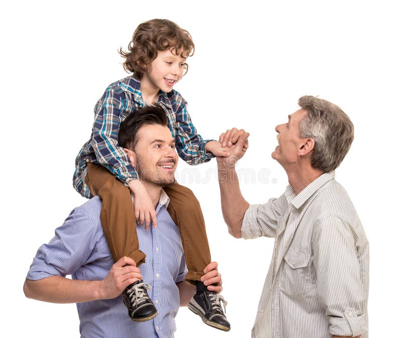Generation Portrait. Grandfather, Father and Son Sitting on Sofa Stock ...