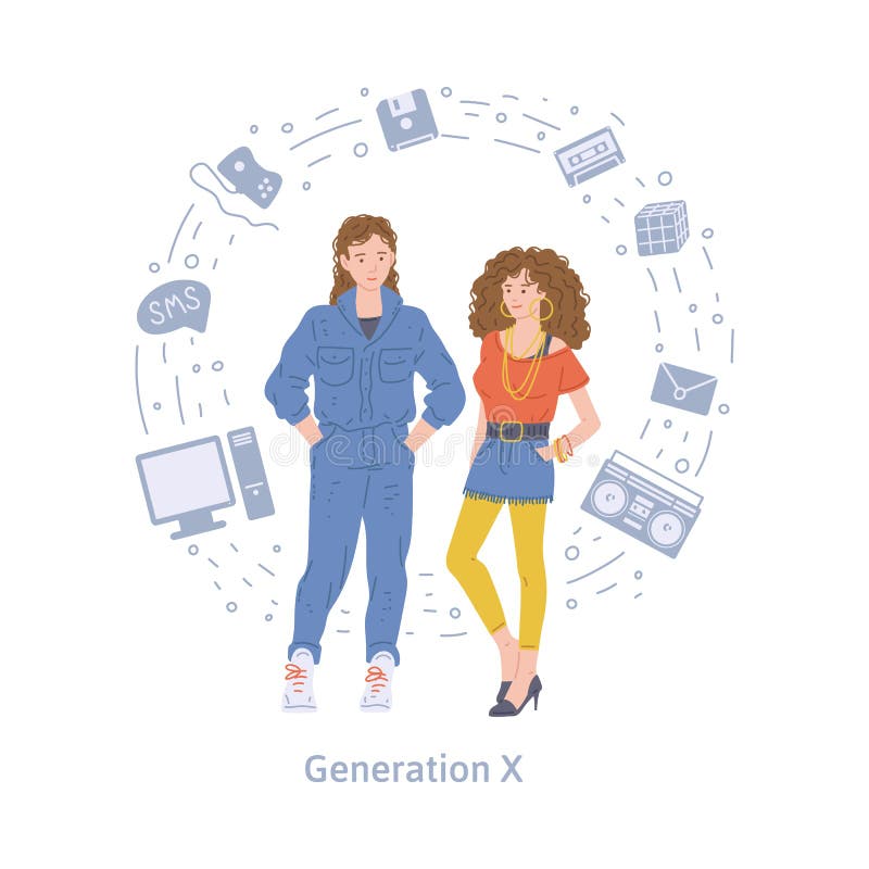 Generation X Young People of 70s and 80s, Flat Vector Illustration ...