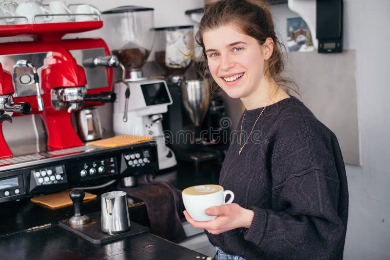 Generation Z Girl Working in Cafe and Making Coffee Stock Image - Image ...