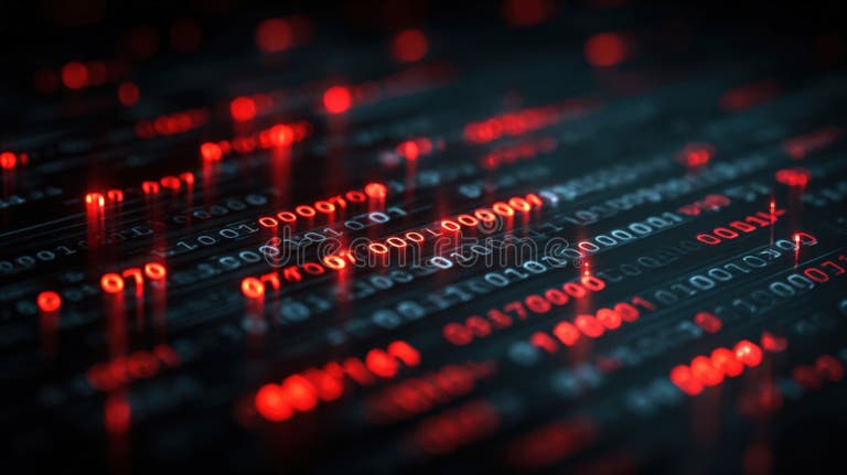 Generative AI Abstract Binary Code Visualization with Red Light Data Flow Information Technology ...