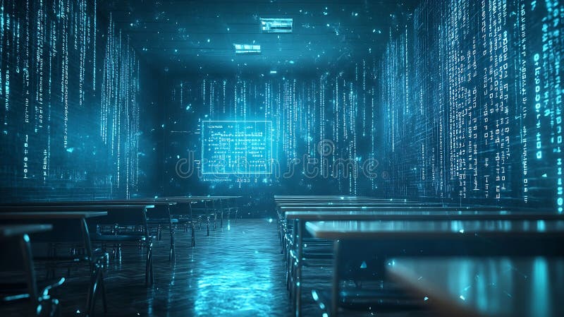 Generative AI Abstract Virtual Binary Code Sketch on Empty Classroom ...