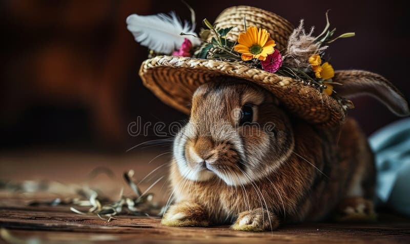 Adorable Fluffy Brown Rabbit in a Woven Straw Hat Adorned with Feathers ...