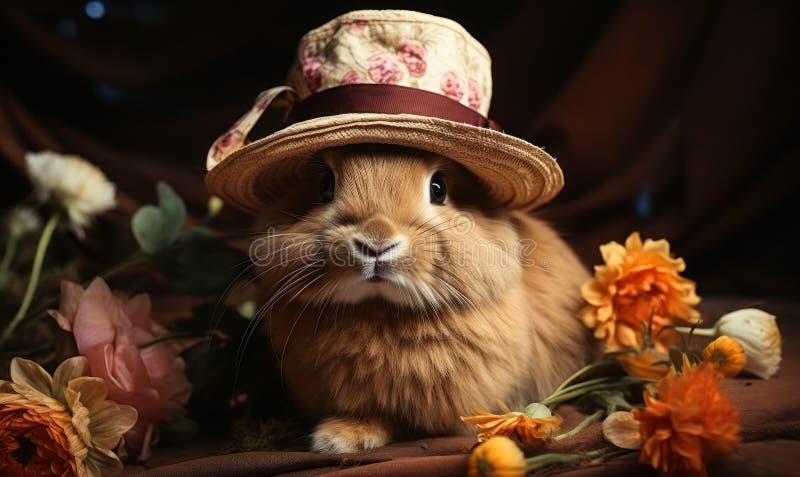 Adorable Fluffy Brown Rabbit in a Woven Straw Hat Adorned with Feathers ...