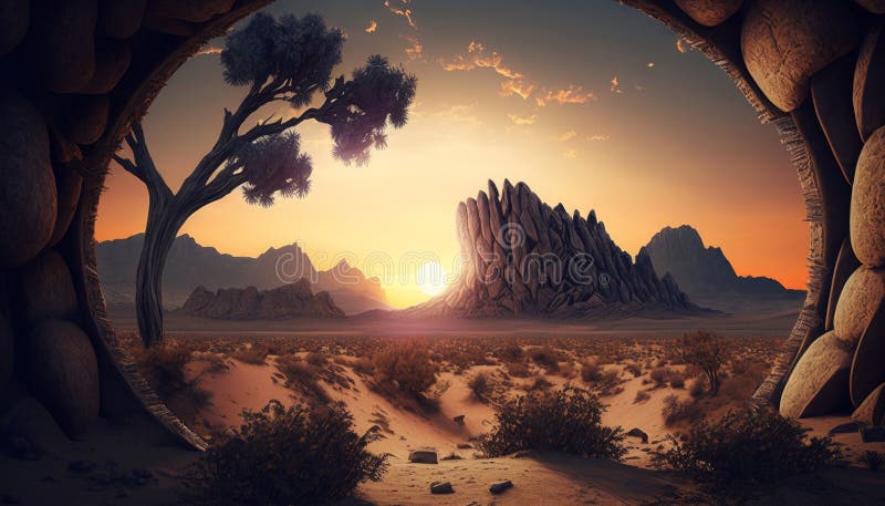 Generative AI of an Alien Planet in the Desert at Sunset Stock ...